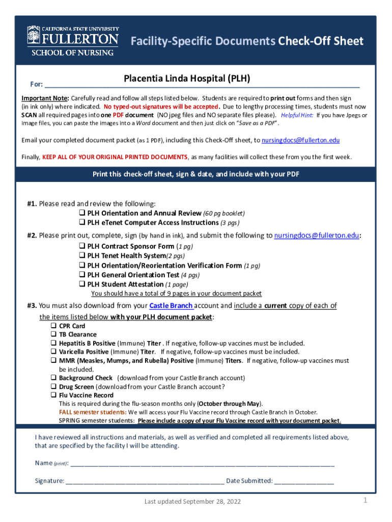 Fillable Online Facility-Specific Documents Check-Off Sheet - Placentia Linda ... Fax Email ...