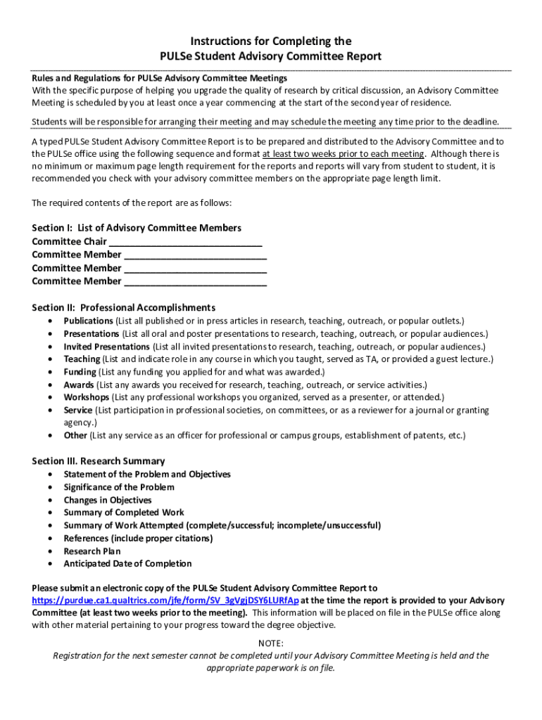 Fillable Online Instructions for Completing the PULSe Student Advisory ...