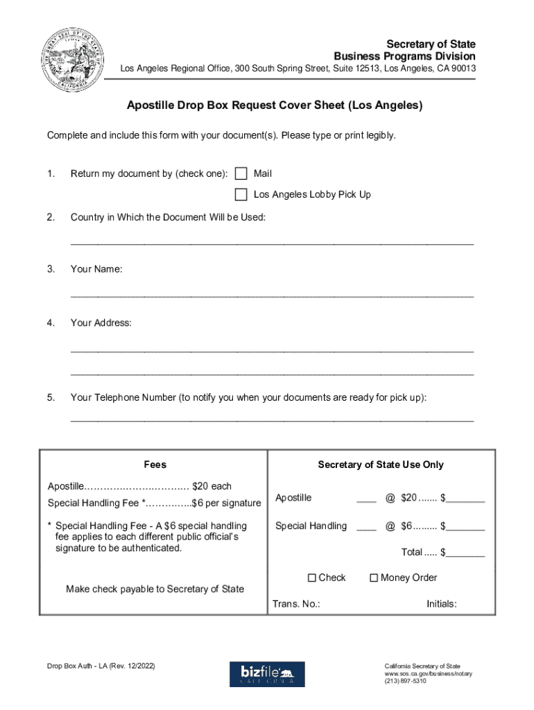 Fillable Online Apostille Drop Box Request Cover Sheet (Los Angeles ...