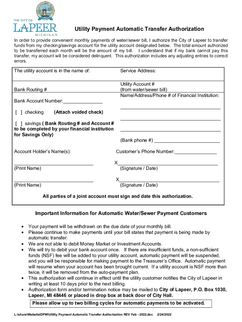 Fillable Online Revize - Utility Payment Automatic Transfer Authorization Fax Email Print ...