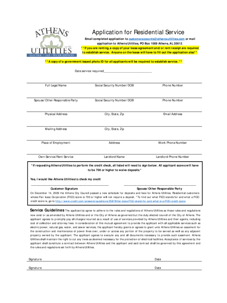 Fillable Online Application for Residential Service - Athens, AL Fax ...