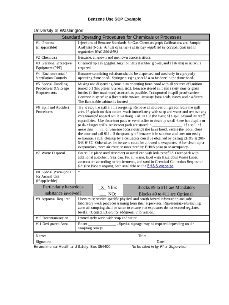 Benzene Use SOP Example - Environmental Health & Safety Doc Template ...
