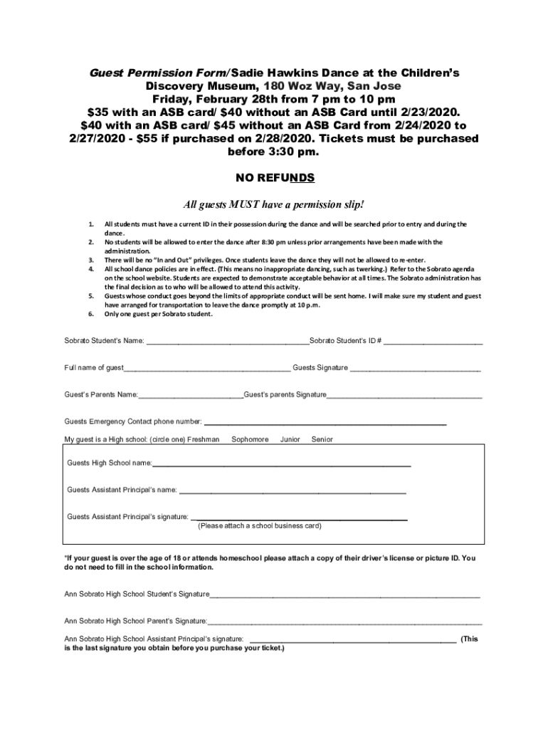 Fillable Online Guest Permission Form/ Sadie Hawkins Dance at the ...