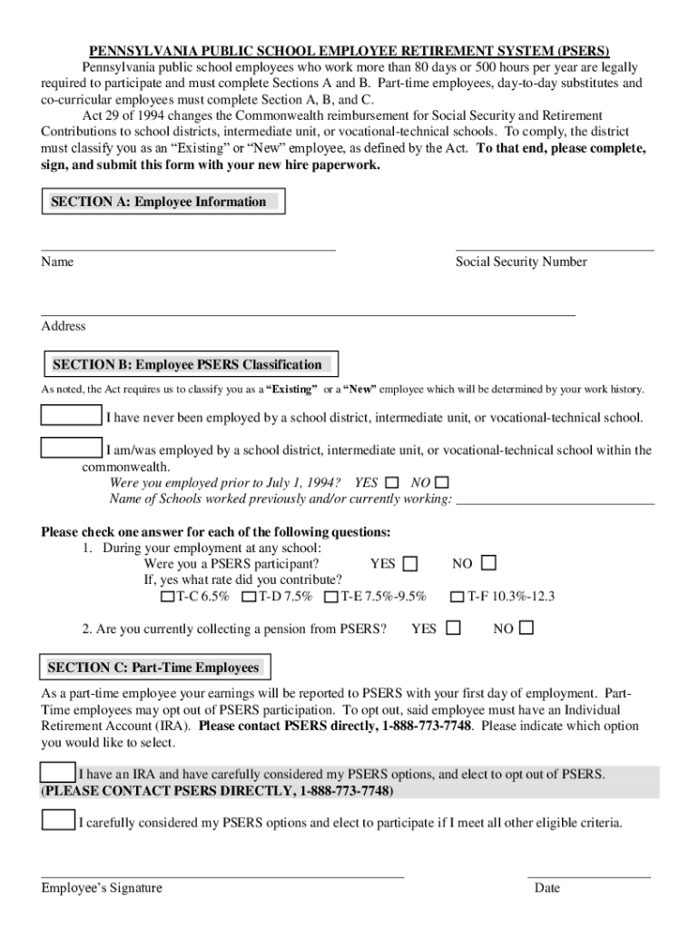 Fillable Online Information for New School Employees - PSERS - PA.GOV ...