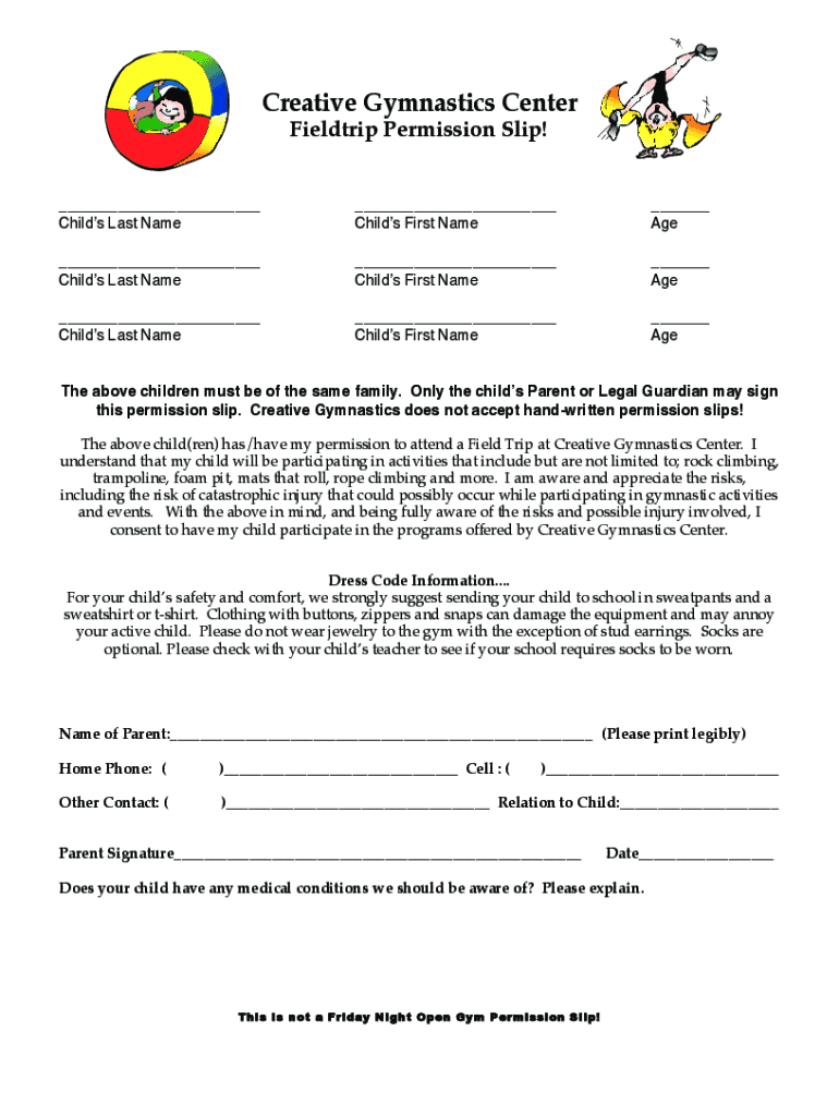 Fillable Online open gym permission slip - Creative Gymnastics Center ...