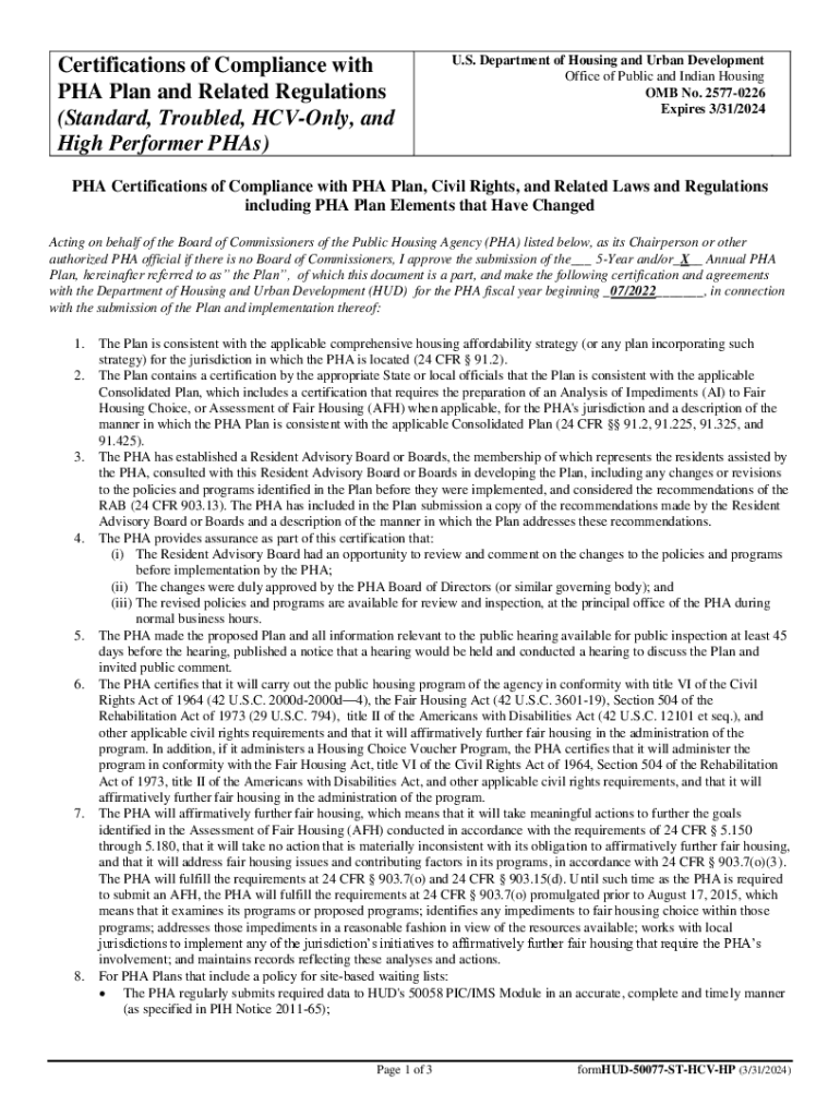 Fillable Online Certifications of Compliance with PHA Plan and Related ...