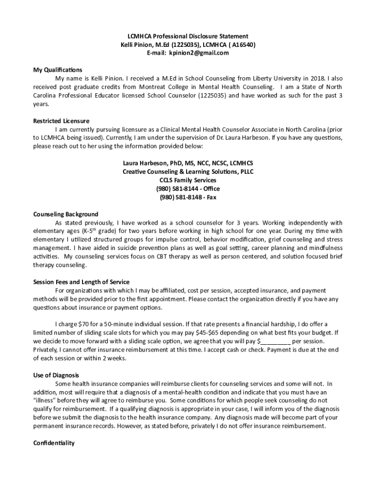 Fillable Online LCMHCA Professional Disclosure Statement Kelli Pinion ...