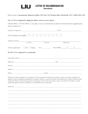 Fillable Online LETTER OF RECOMMENDATION LIU ID Number (if available ...