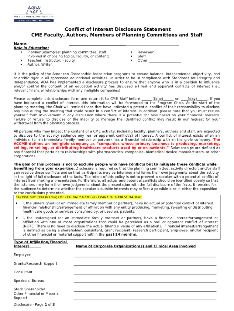 Faculty / Organizer Conflict of Interest Disclosure Doc Template | pdfFiller