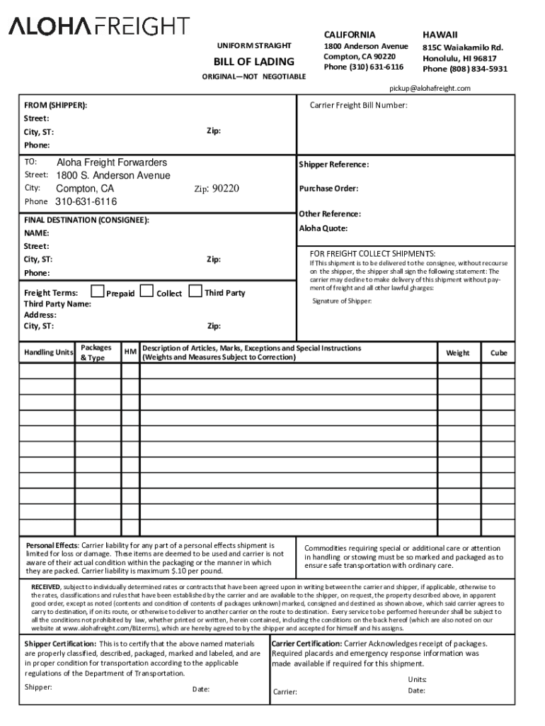 Fillable Online Straight Bill of Lading - Non Stop Transportation Inc ...
