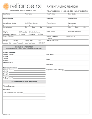 Fillable Online GENERAL PATIENT AUTHORIZATION - Reliance Rx Fax Email ...