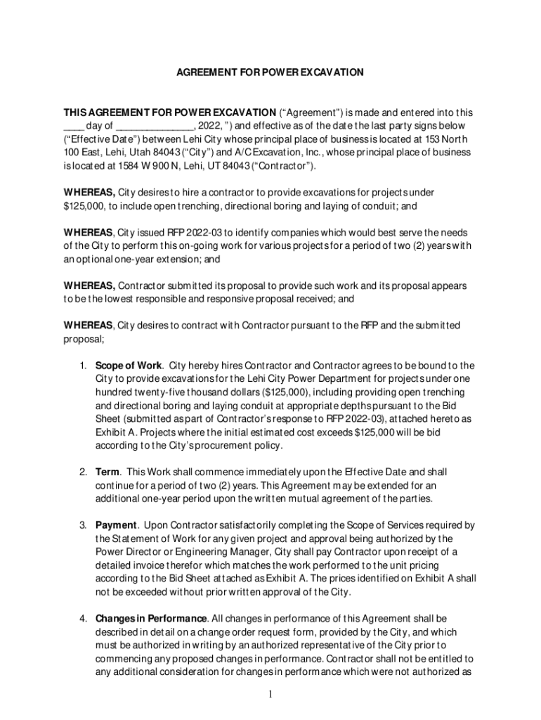 Fillable Online 1 AGREEMENT FOR POWER EXCAVATION THIS AGREEMENT ... Fax ...
