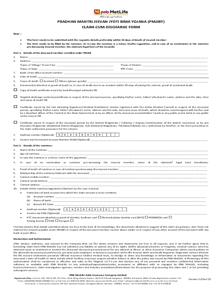 Fillable Online Pradhan Mantri Jeevan Jyoti Bima Yojana - Claim Form ...