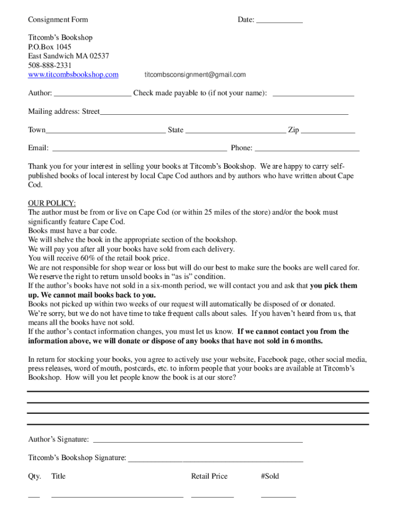 Fillable Online Consignment Form - Titcomb's Bookshop Fax Email Print ...