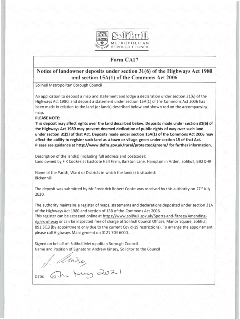 Fillable Online form ca17: notice of landowner deposits under section ...