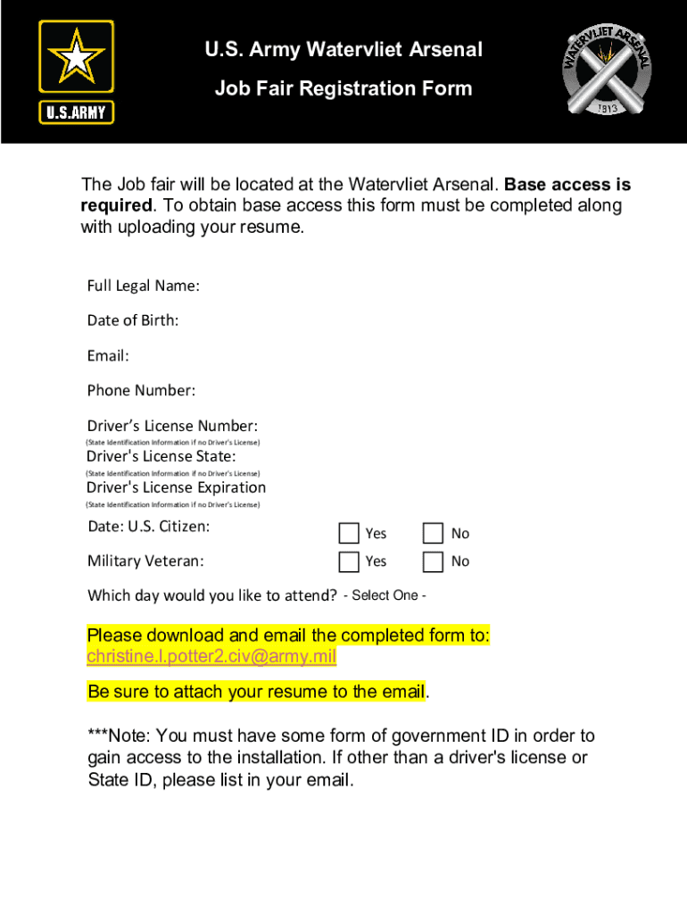 Fillable Online U.S. Army Watervliet Arsenal Job Fair Registration Form ...