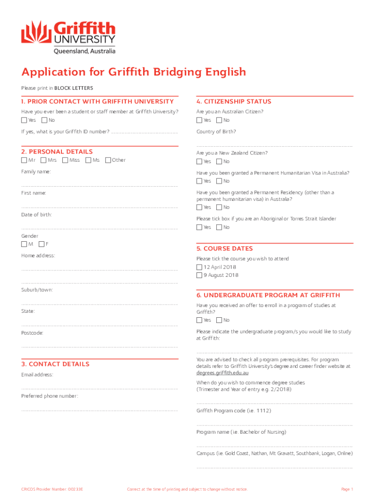 Fillable Online Griffith University Bridging English course application ...