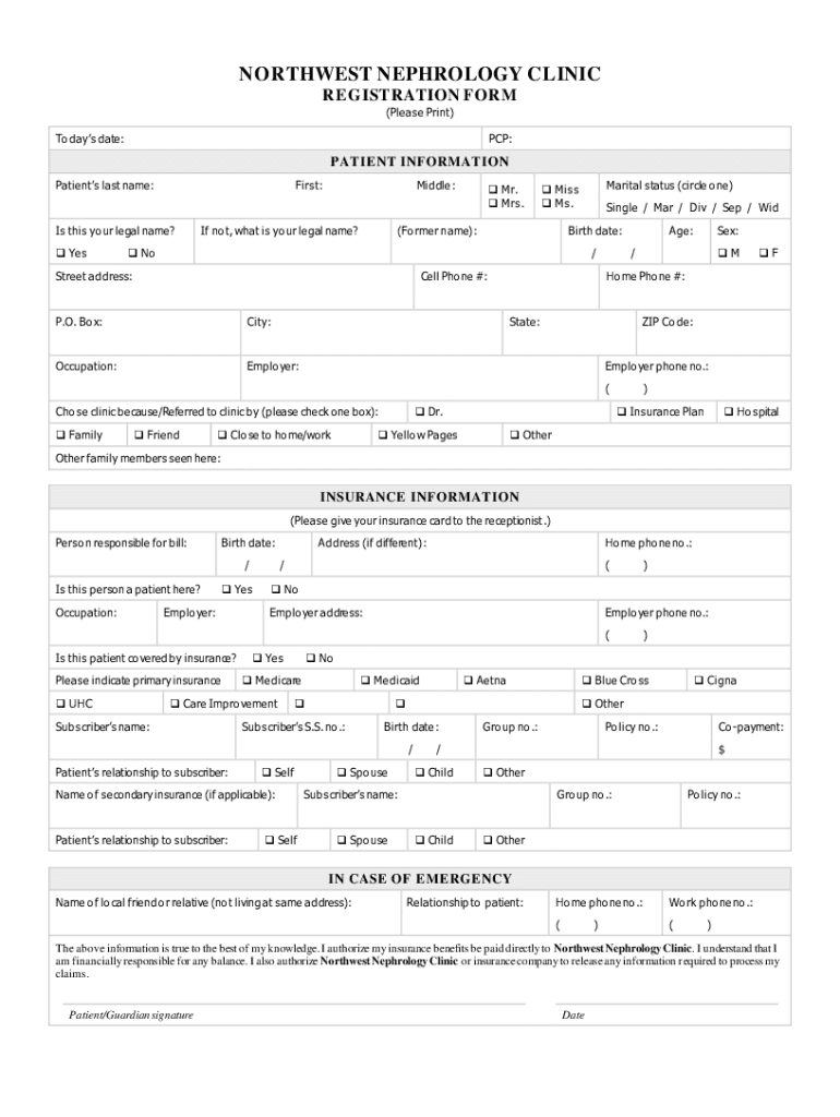 Fillable Online northwest nephrology clinic - registration form Fax ...