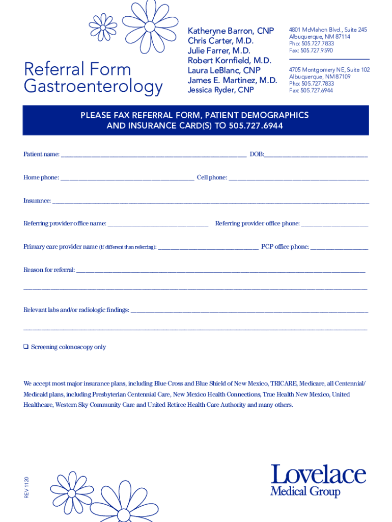 Fillable Online Referral Form Gastroenterology - Lovelace Health System ...