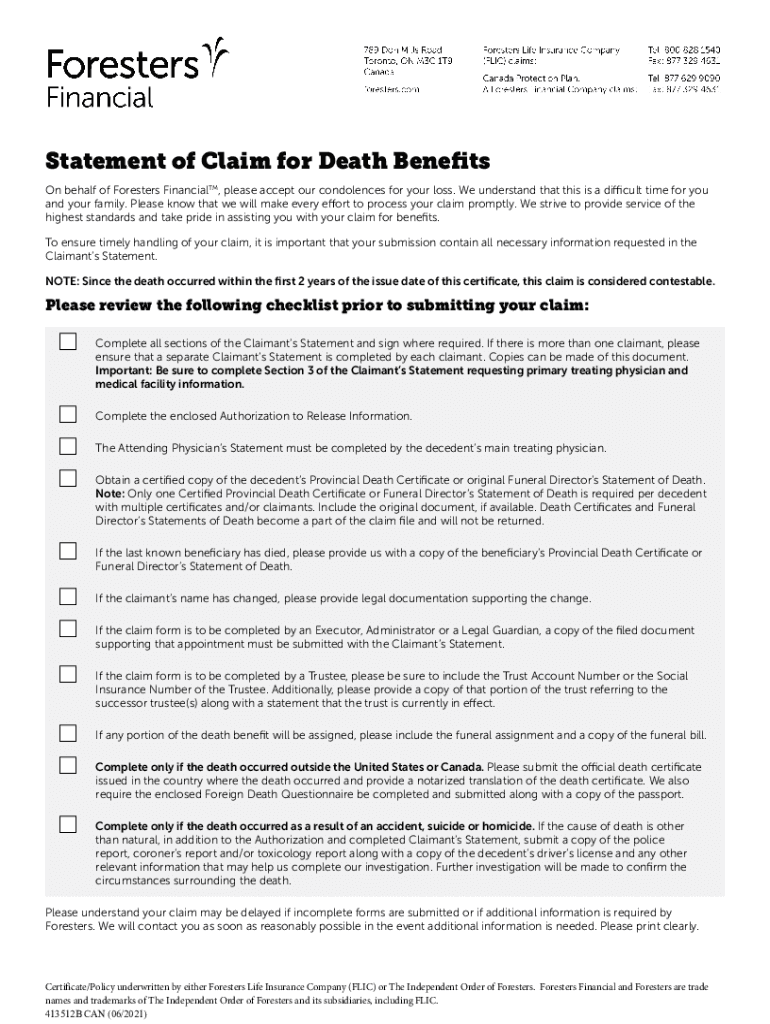 Fillable Online Statement of Claim for Death Benefits - Canada ...