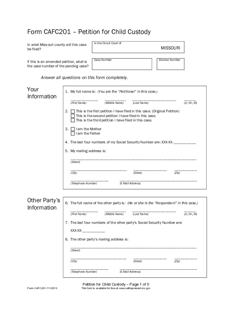 Fillable Online Form CAFC201 Petition For Child Custody - Courts Mo ...