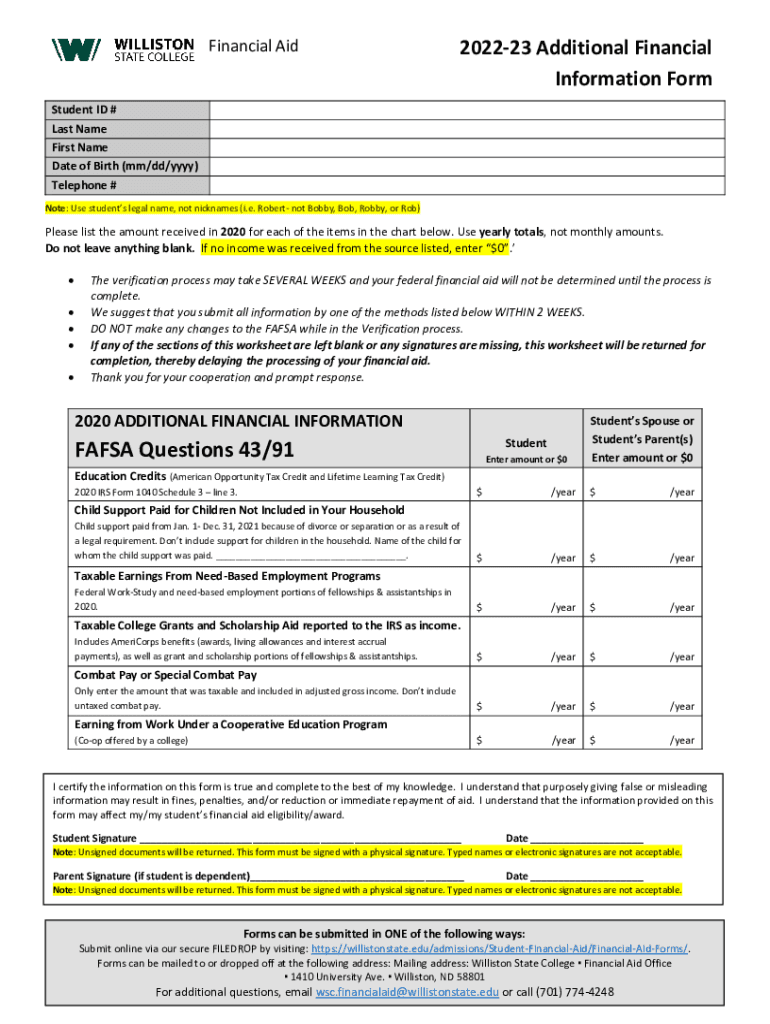 Fillable Online 2022-2023 Parent Additional Financial Information Form Fax Email Print - pdfFiller