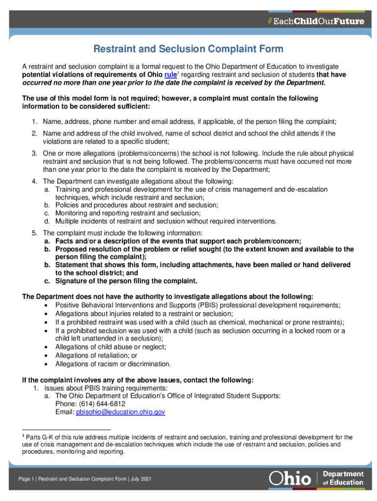 Fillable Online State Complaint Procedures for Restraint and Seclusion ...