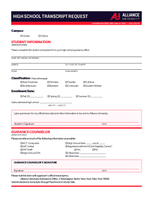 Fillable Online HIGH SCHOOL TRANSCRIPT REQUEST - Alliance University ...