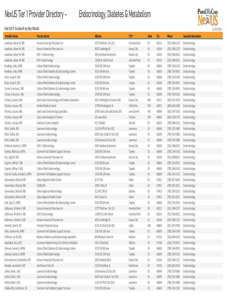 Fillable Online NexUS Tier 1 Provider Directory - Endocrinology ...