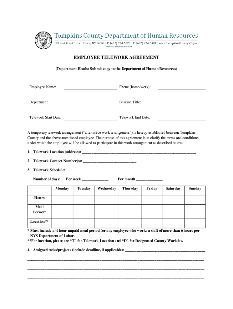 Fillable Online EMPLOYEE TELEWORK AGREEMENT - Tompkins County Fax Email ...