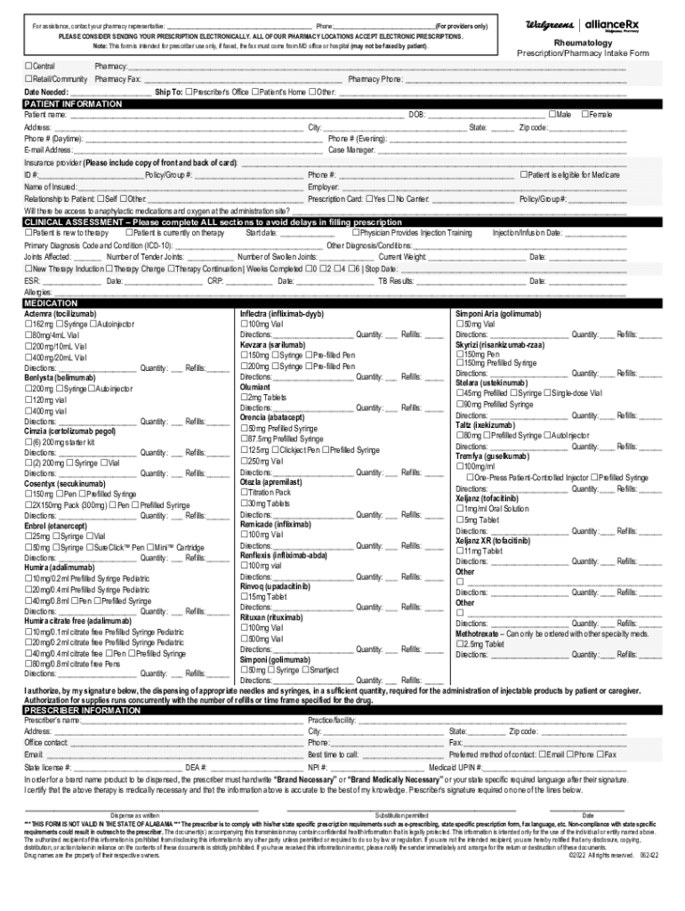 Fillable Online Rheumatology Prescription/Pharmacy Intake FormWalgreens Fax Email Print - pdfFiller
