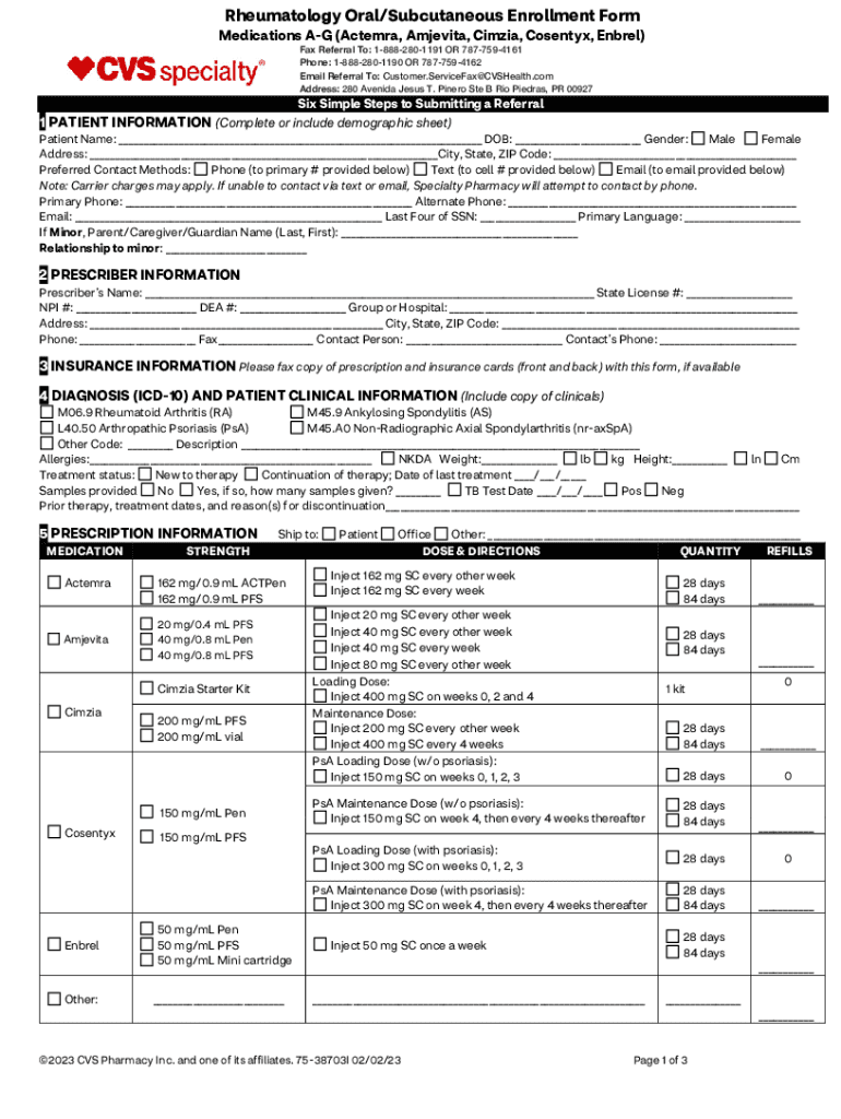 Fillable Online Rheumatology Orals Subcutaneous (PR). Rheumatology A-Z Enrollment Form Physician ...