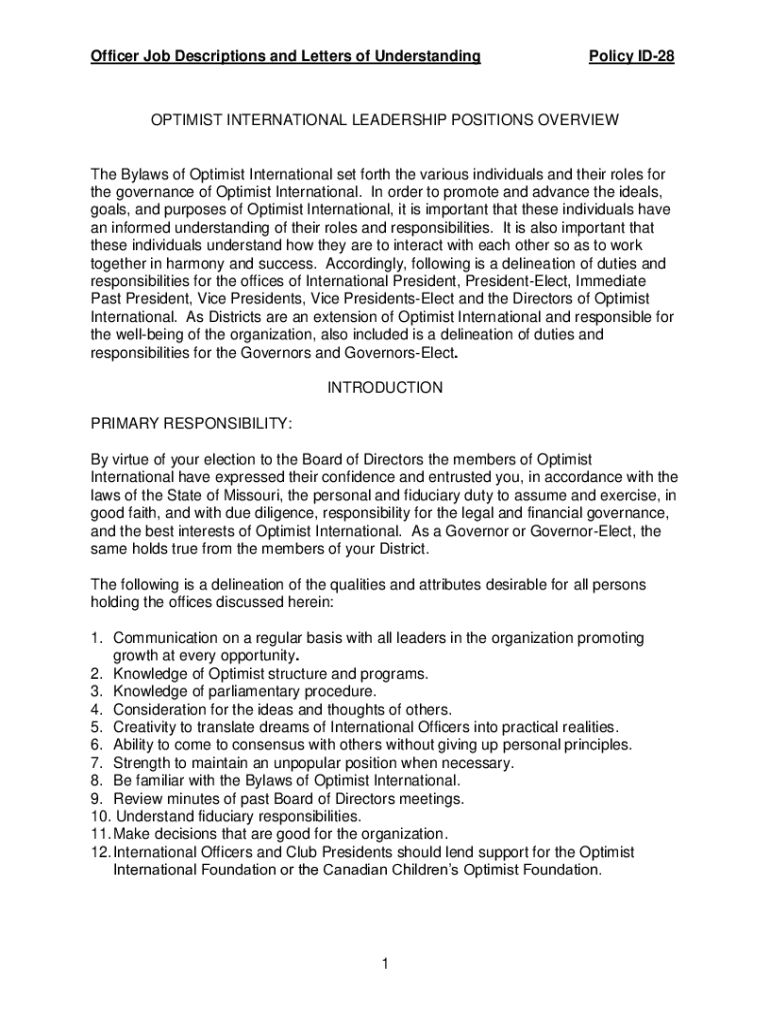 Fillable Online Officer Job Descriptions and Letters of understanding ...