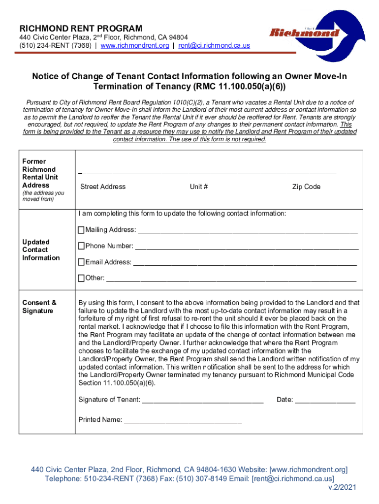 Fillable Online RICHMOND RENT PROGRAM Notice of Change of Tenant Contact ... Fax Email Print ...
