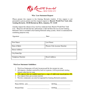 Fillable Online Win / Loss Statement Request - Resorts World Catskills ...