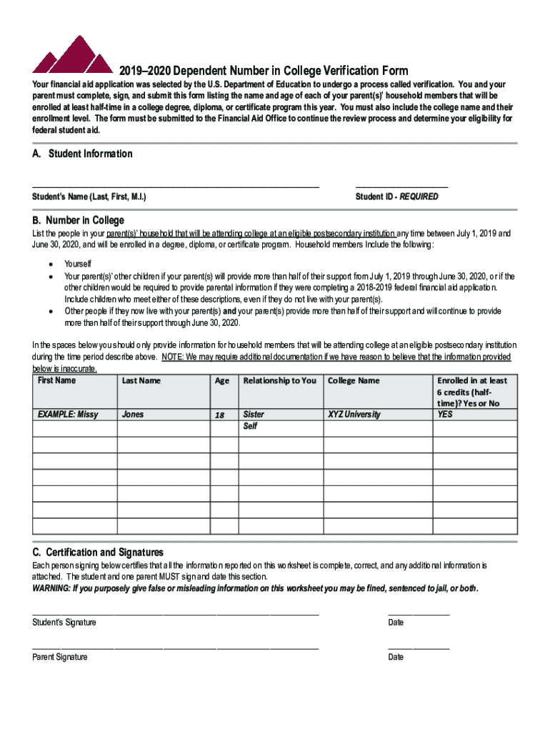 Fillable Online 2019-2020 Verification Worksheet - Dependent Student Fax Email Print - pdfFiller