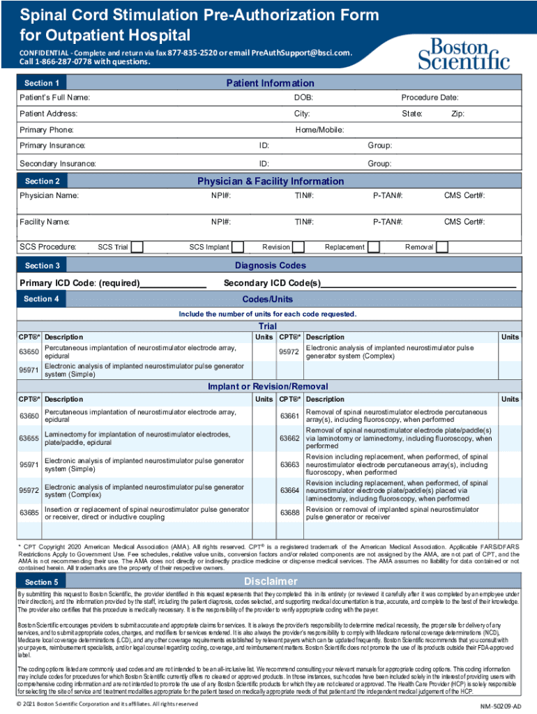 Fillable Online Spinal Cord Stimulation Pre-Authorization Form for ...