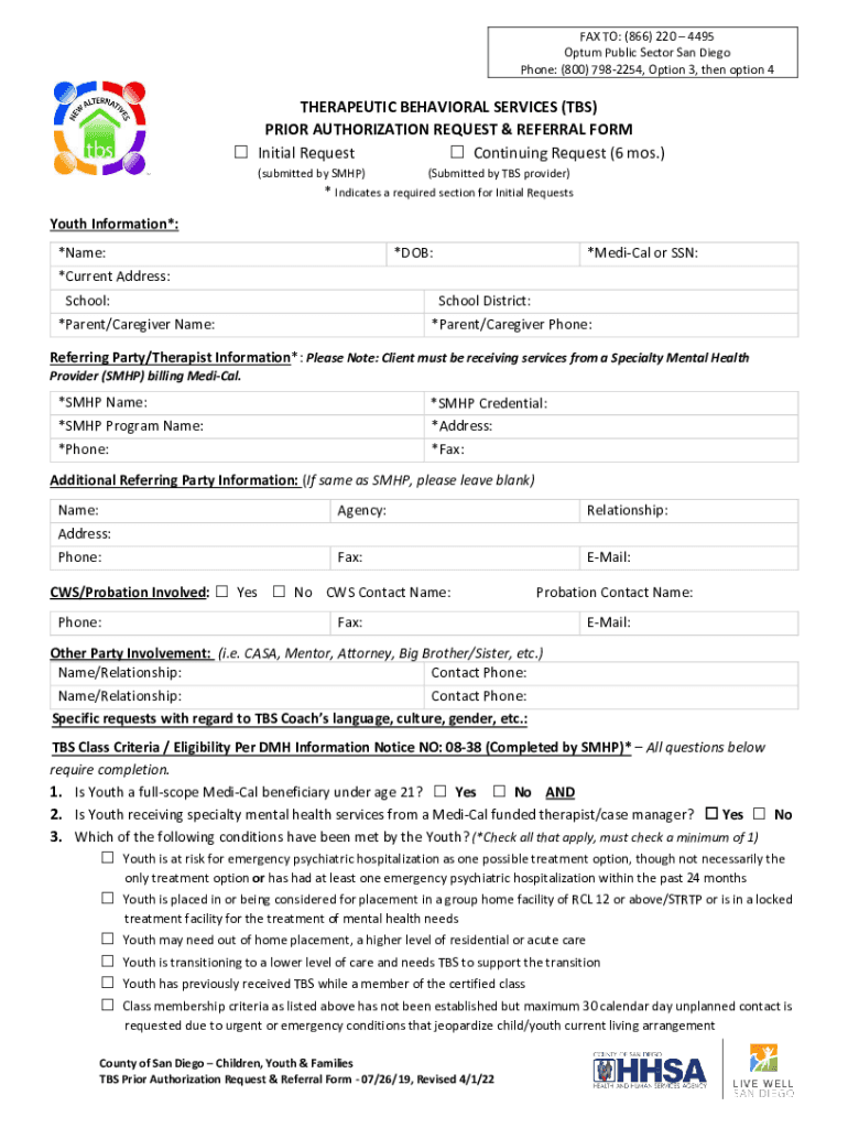 Fillable Online TBS Prior Authorization Request & Referral - Optum San ...