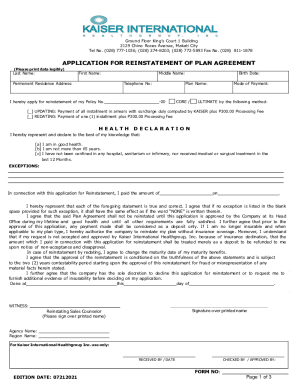 Fillable Online APPLICATION FOR REINSTATEMENT OF PLAN AGREEMENT Fax Email Print - pdfFiller