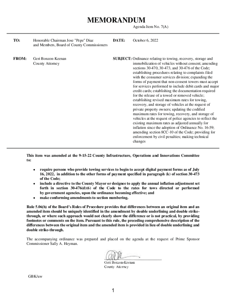 Fillable Online Memo - Ordinance relating to towing, recovery, storage ...