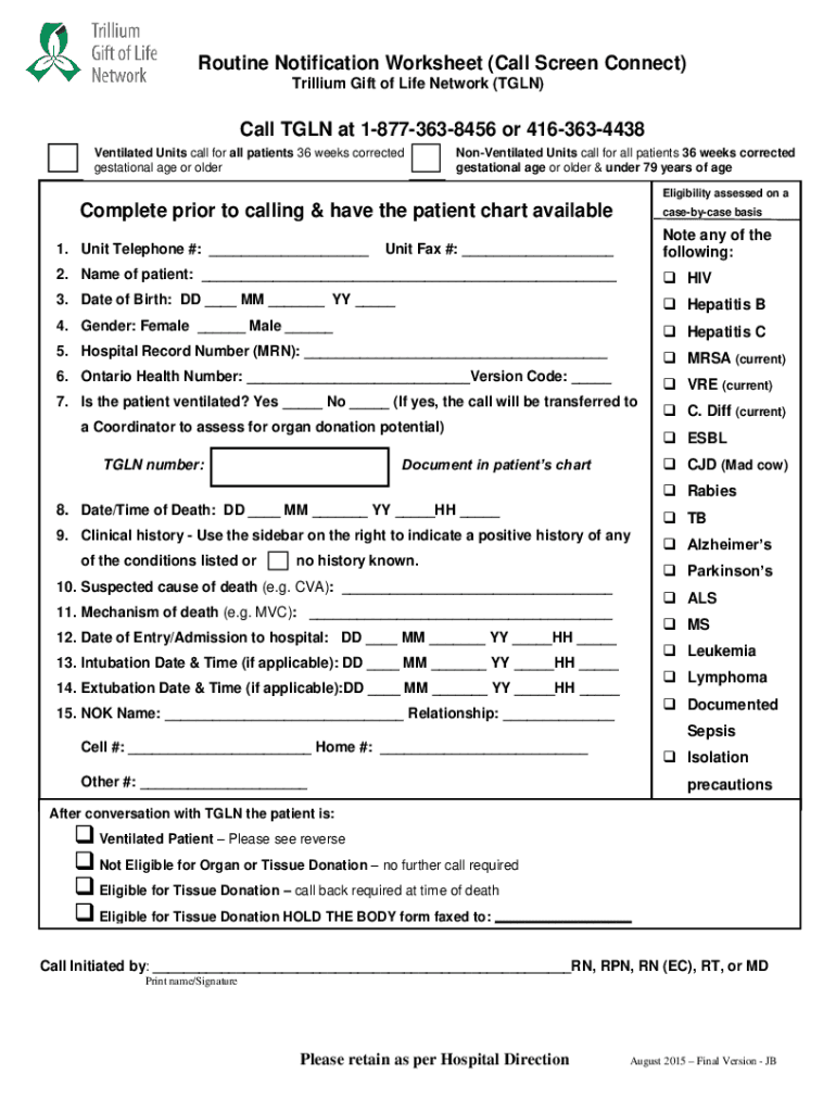 Fillable Online Routine Notification Worksheet - Trillium Gift of Life ...