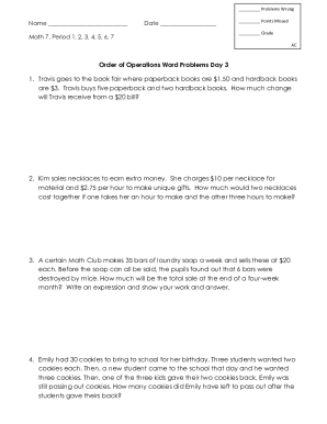 Fillable Online Order of Operations Word Problems Day 3 1. Travis goes ...