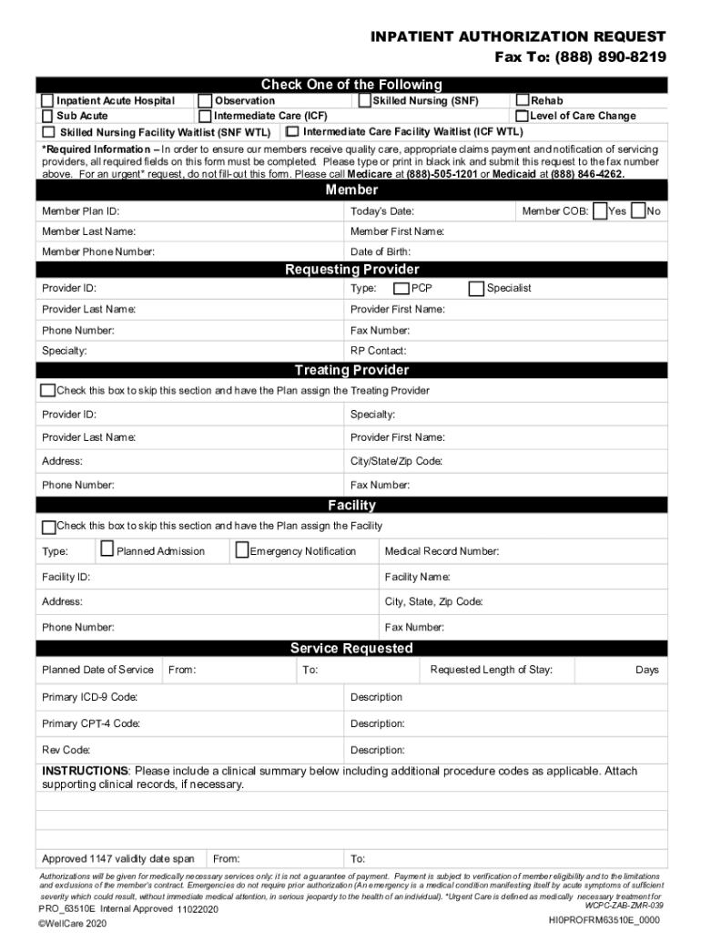 Fillable Online Inpatient Authorization Request - 'Ohana Health Plan ...