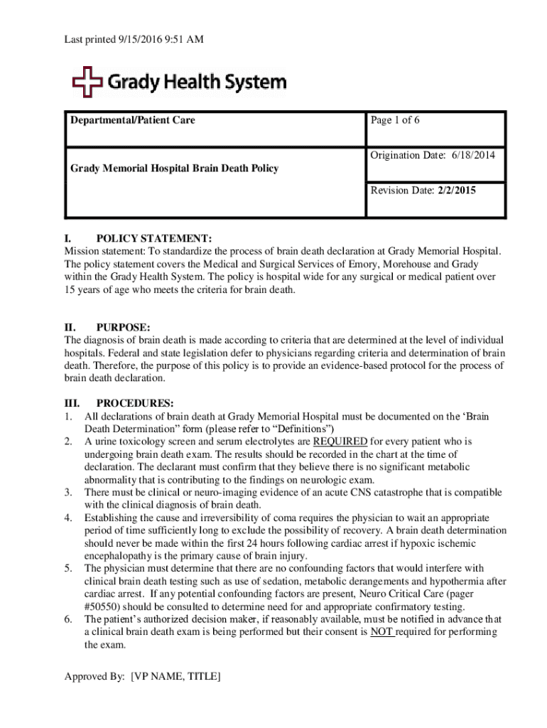 Fillable Online Grady Memorial Hospital Brain Death Policy Fax Email ...