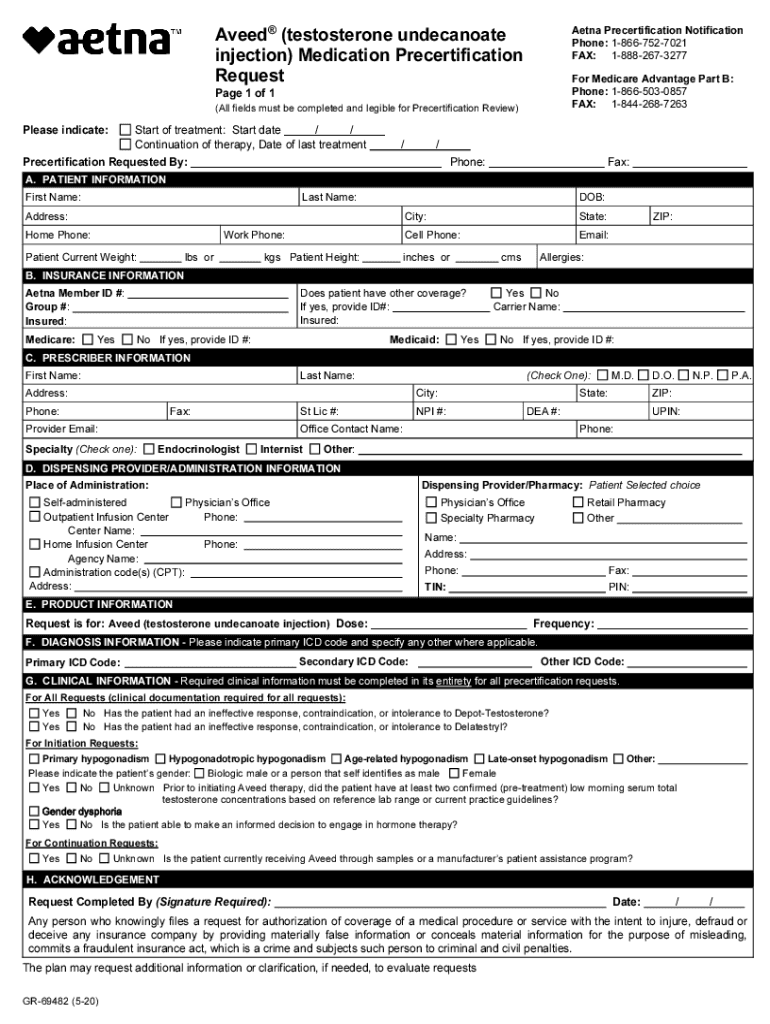 Fillable Online Aveed ( undecanoate injection) Medication ...