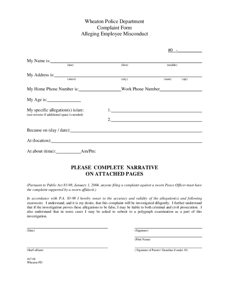 Fillable Online Wheaton Police Department Complaint Form Alleging Employee ... Fax Email Print ...