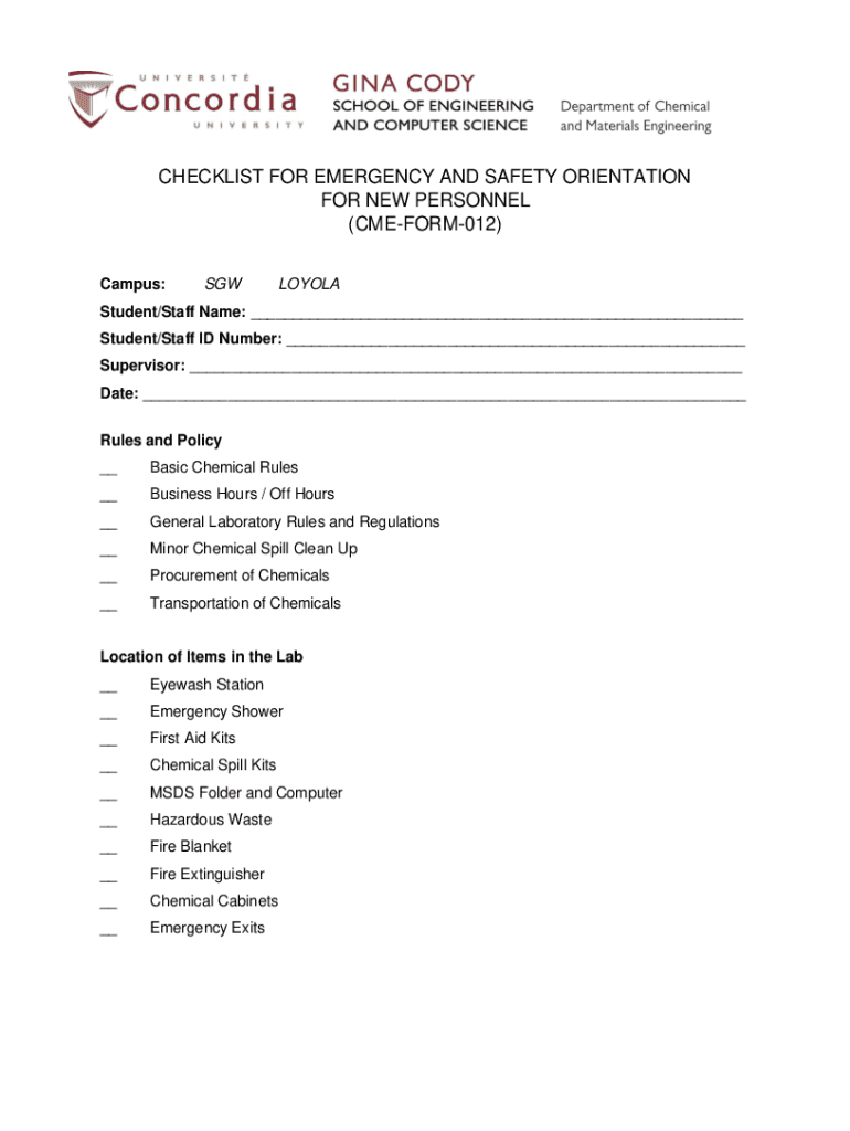 Fillable Online New Employee Safety Orientation Supervisor Checklist ...