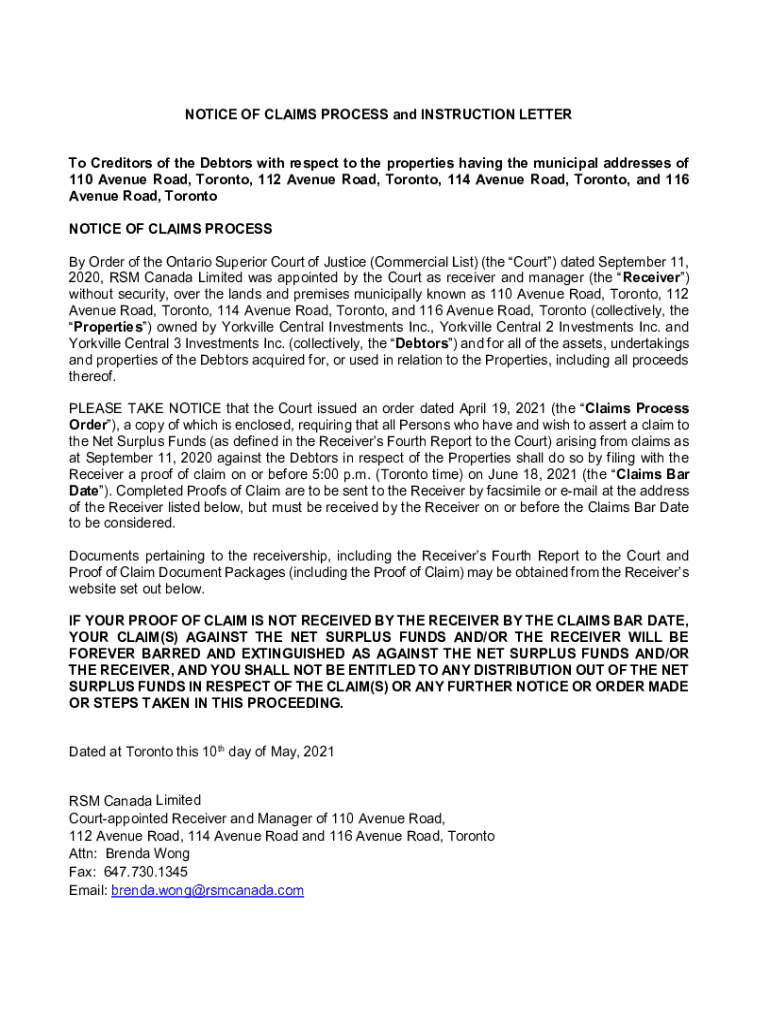 Fillable Online NOTICE OF CLAIMS PROCESS and INSTRUCTION LETTER Fax ...