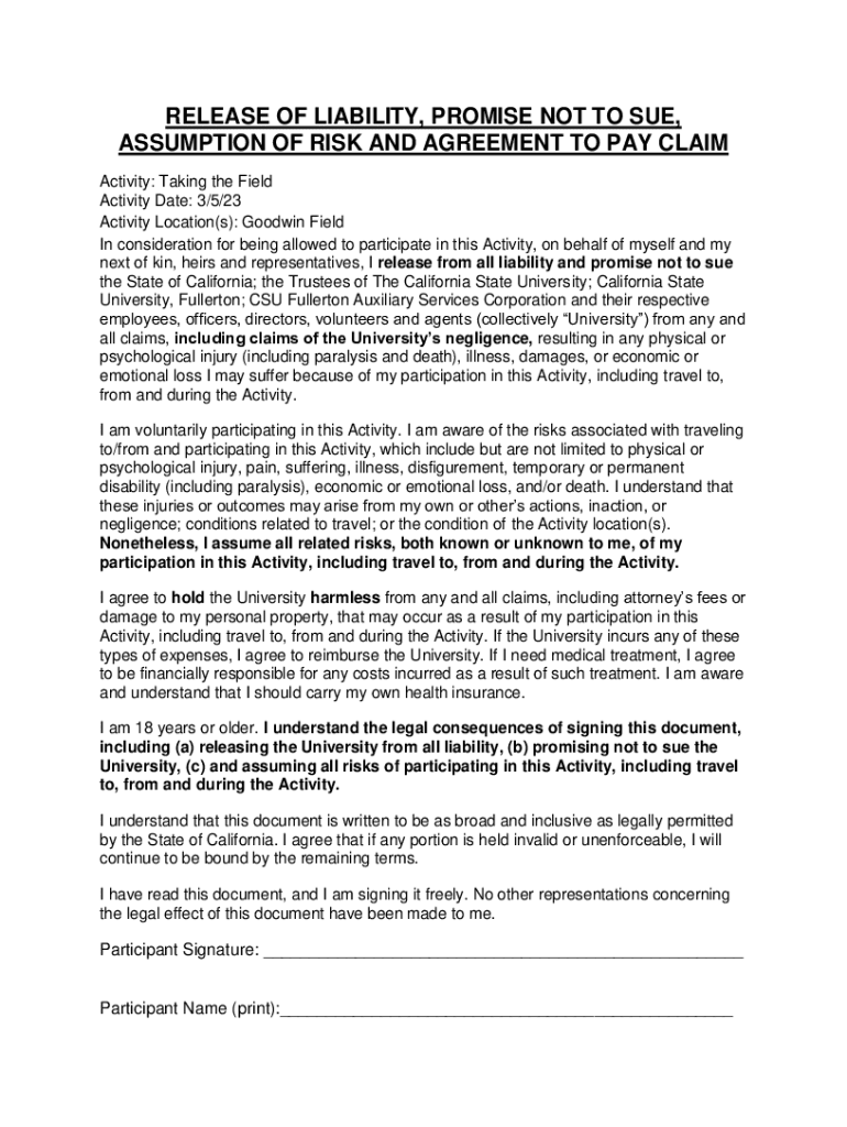 Fillable Online Student Recreation Center Release of Liability, Promise Not to ... Fax Email ...