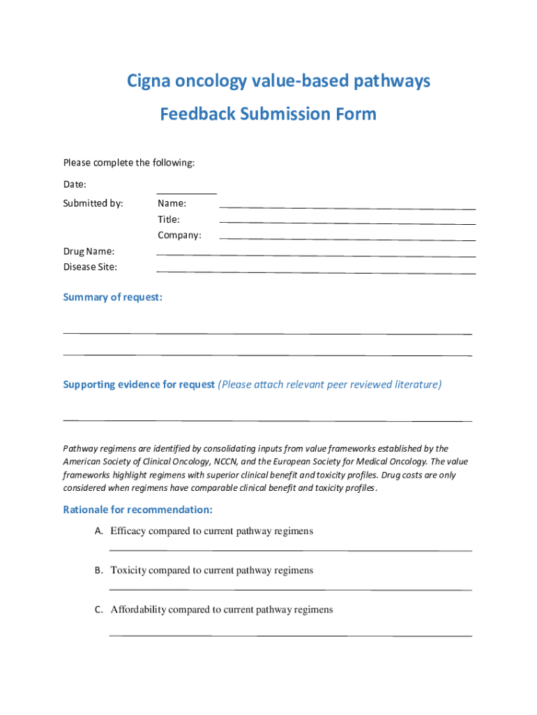 Fillable Online Cigna oncology value-based pathways Feedback Submission Form Fax Email Print ...